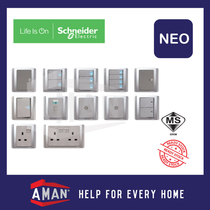 Schneider Neo Series Grey Silver LED Switches Socket 13A 20A Double ...