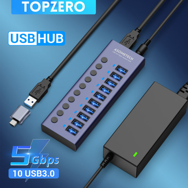 TOPZERO 7/10 Port USB 3.0 Hub USB Hub 3.0 Multi USB Splitter 5Gbps Speed + 60W (12V/5A) Power ...