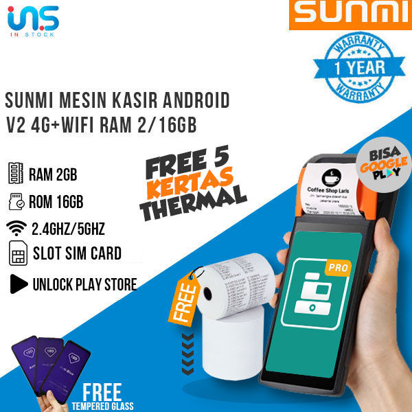 Mesin Kasir Android SUNMI V2 4G+WIFI RAM 2/16GB Free Kertas Thermal ...