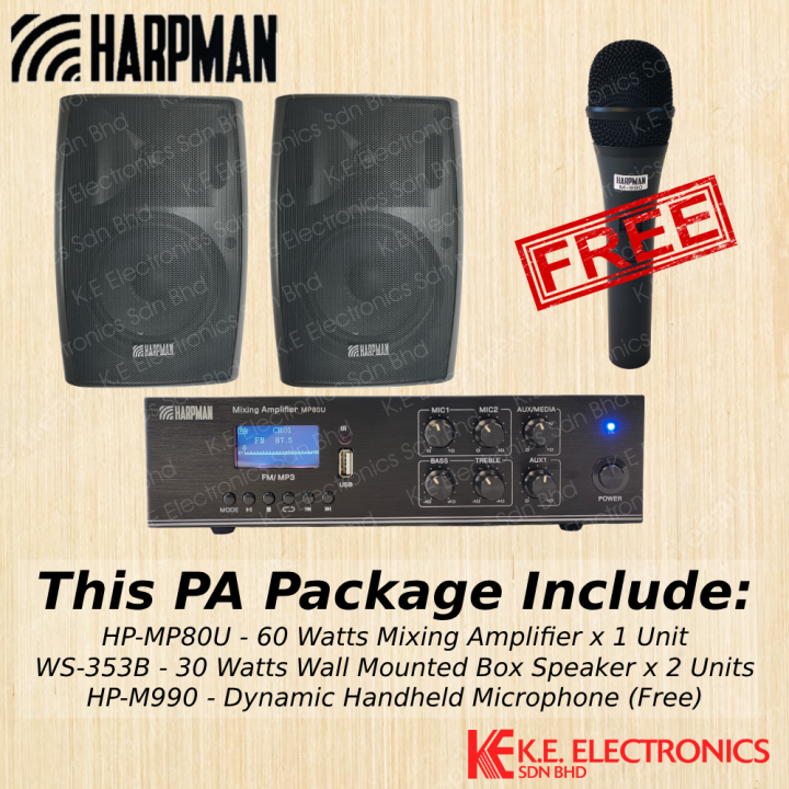 Harpman PA Package with HP-MP80U 60 Watts Mixing Amp, WS353B 30 Watts Wall Mounted Speaker ...