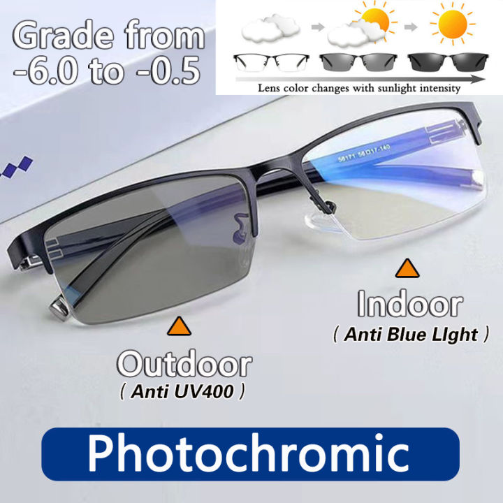 [-0.5 To-6.0], [Photochromic] Myopia Glasses Men Anti-UV400 Metal ...
