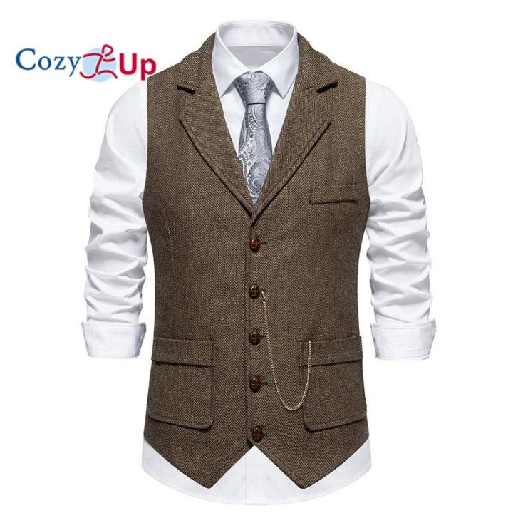 Cozy Up Men’s Herringbone Tweed Suit Vest Turn Down Collar Vest ...