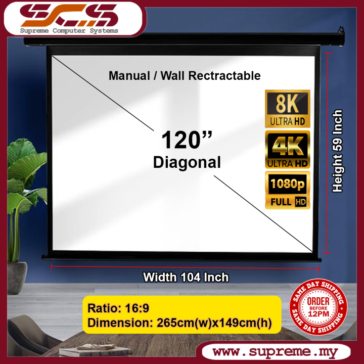 120" 16:9 Manual & Wall Retractable Ceiling Mount Projector Screen (104 Inch x 59 Inch) | Lazada