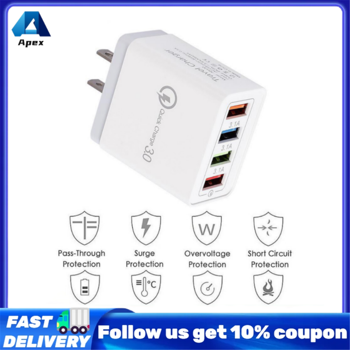 【Apex】4 Ports USB Charger QC 3.0 USB Hub Wall Charger 3A Color Smart ...