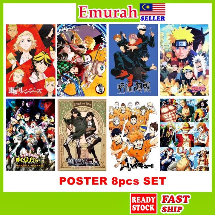 Anime Poster 8pcs Demon Slayer Haikyuu One Piece Jujutsu Kaisen My Hero ...