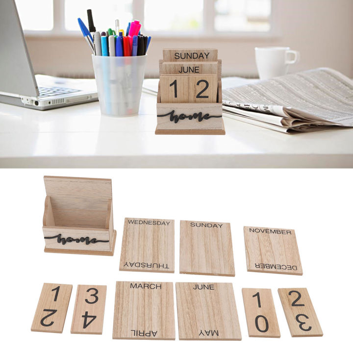 Wood Desk Calendar Reusable Wooden Perpetual Date Desk Calendar for ...