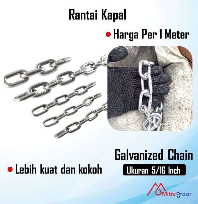 Rantai Besi Kapal Galvanized 8 MM 5/16 Inch 1 Meter / Rante Rantai Besi ...