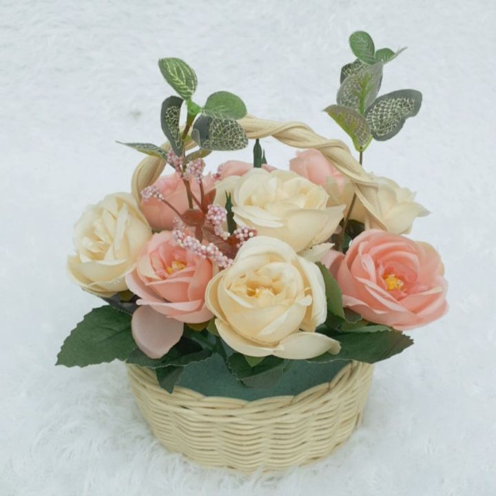 Bunga Mawar Kubis Imitasi Vas Keranjang Rotan Mini Model Klasik untuk ...