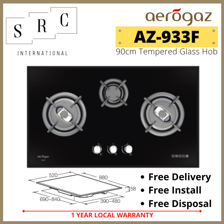 Aerogaz AZ-933F Tempered Glass Gas Hob 90cm with Safety Valve (Include ...