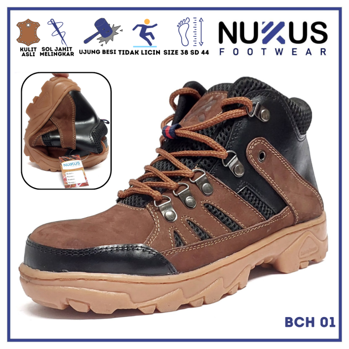 Sepatu Safety Shoes Boots High Pria Tali Nukus Kulit Sapi Coklat Hitam ...