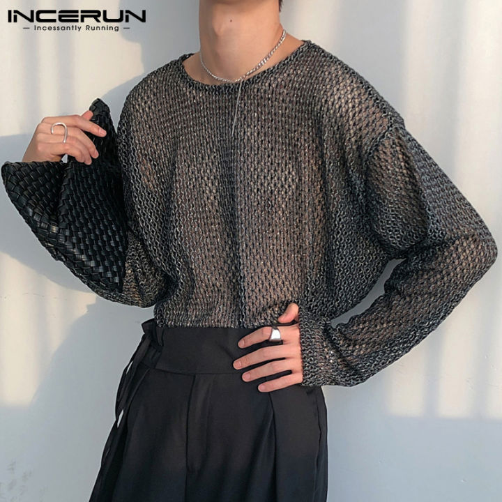 INCERUN Mens Hollow Out Long Sleeve T Shirts Casual Fishnet Party Club ...