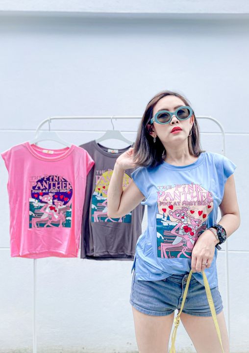 🔥พร้อมส่ง🔥เสื้อ ยืด เสื้อยืด แขนกุด พิงแพนเตอร์ Pinkpanter งานสวย เท่เก๋ น่ารักมาก ผ้าคอตตอนผสม ...