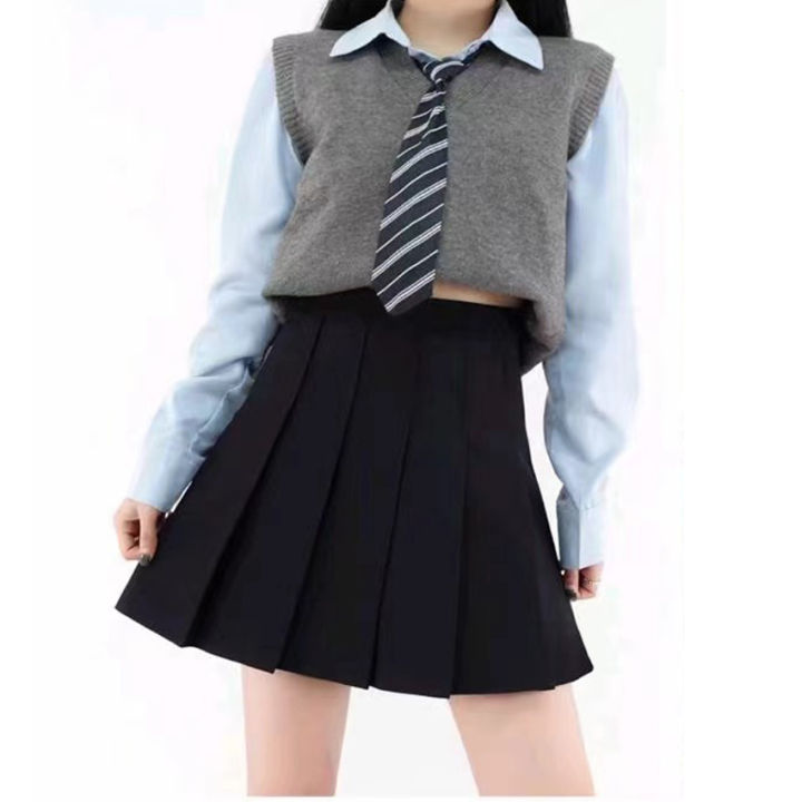 SEABLUES-กระโปรงเทนนิสเอวสูง จีบรอบตัว สีพื้น มีกางเกงซับใน สไตล์เกาหลี ...