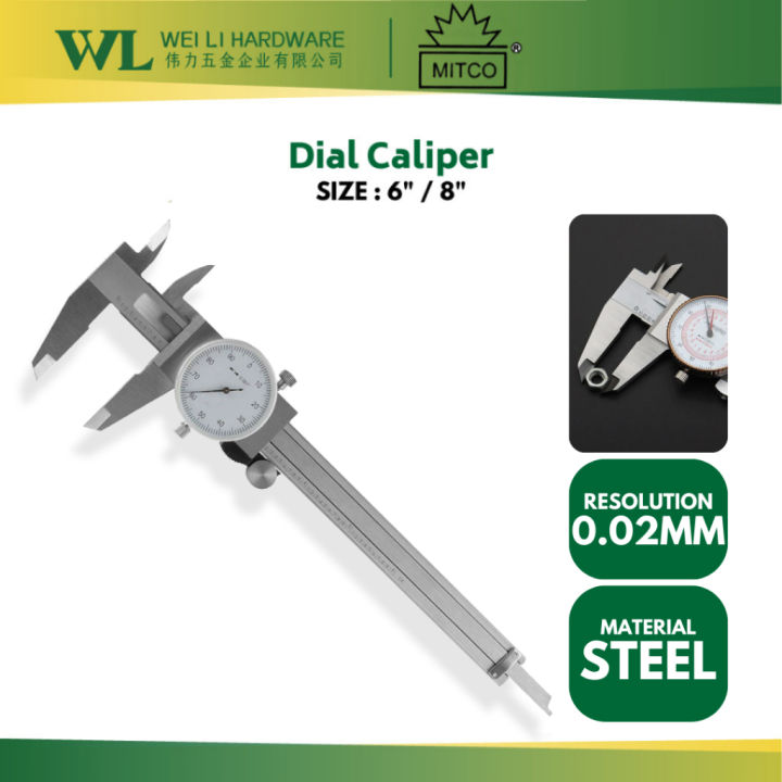 MITCO 6" 8" x 0.02mm Dial Caliper Measuring Tool / Calipers With Watch ...