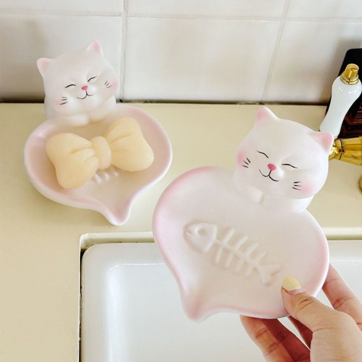 YANGS Đế chống trượt Khay đựng xà phòng hình mèo Hồng pastel trắng Có ...