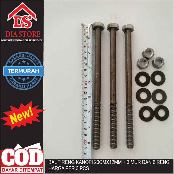 TERMURAH BAUT RENG KANOPI 20 CM (3 pcs ),Baut Baja Mur Hitam 20 Cm x 12 ...