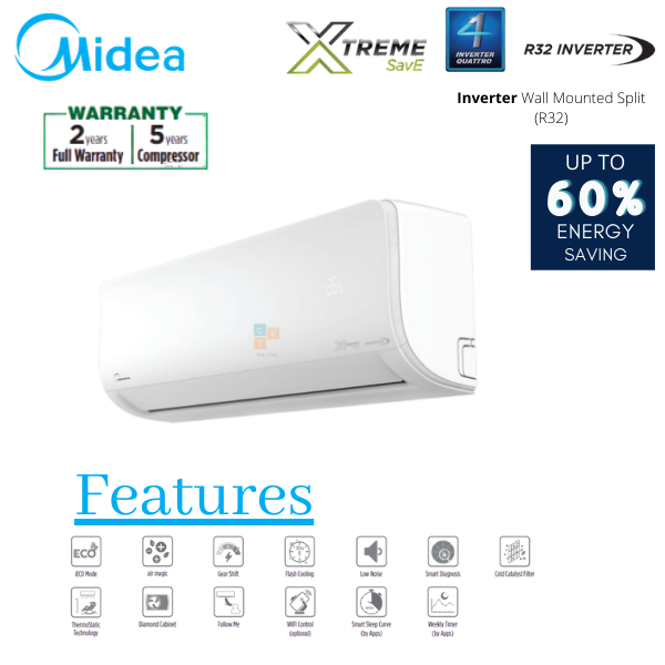 Midea 2.0HP R32 Inverter Model:MSXS Xtreme Save Inverter Wall Mounted Aircond Air Conditioner ...