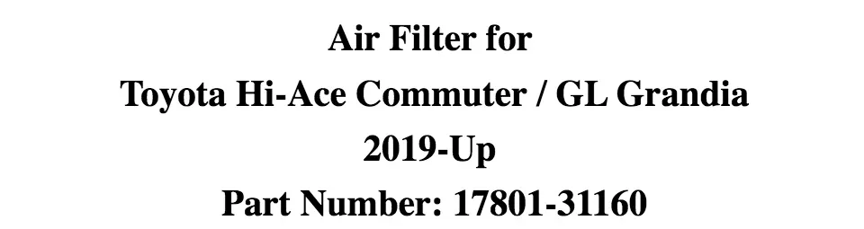 Air Filter Toyota HiAce Commuter / GL Grandia 2019-Up 17801-31160 ...