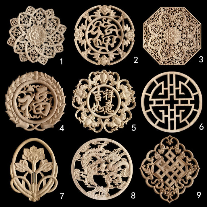 Solid Wood Carving round Wooden Decals Chinese Fu Character Lucky ...