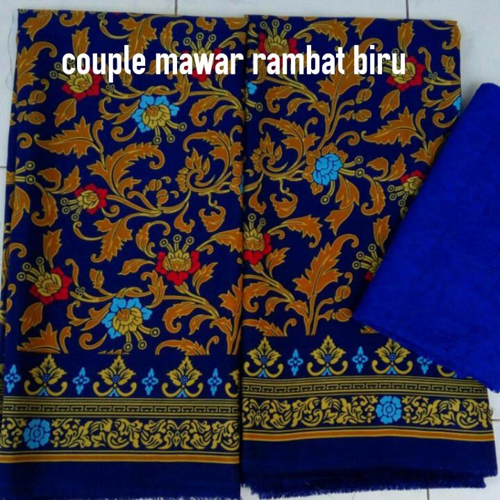 Kain satin bali murah set couple keluarga motif mawar rambat biru ...