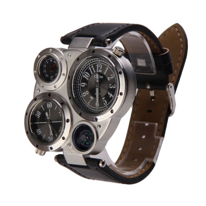Men OULM Military Army Dual Time Zones Big Dial Leather Sports Watch ...
