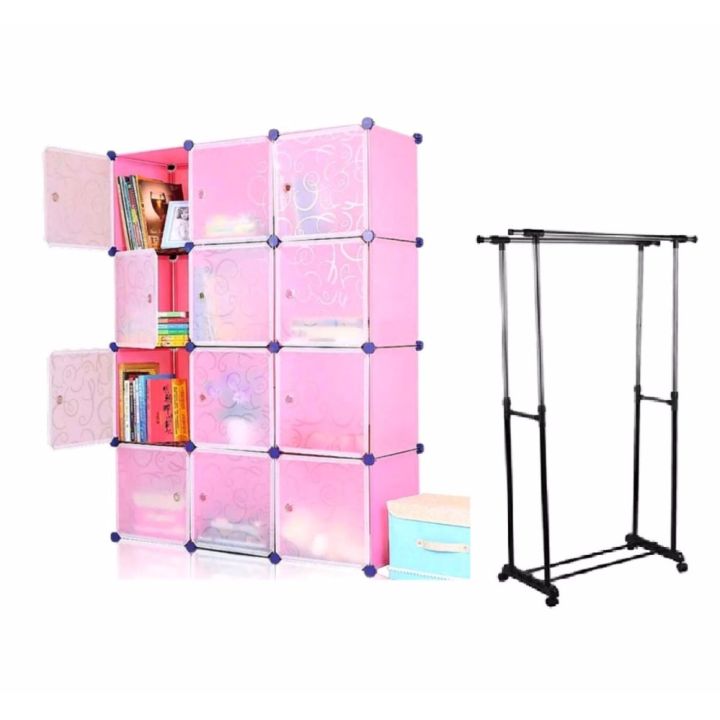 Stylish DIY 4 Tier White Doors 12 Cubes Cabinet Storage Wardrobe (Pink ...