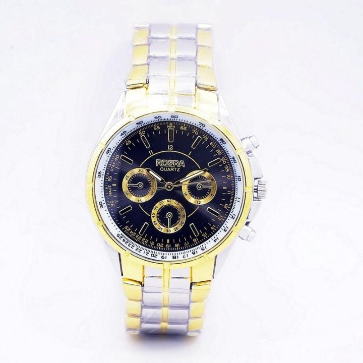 Rosra Men's Two Tone Black Face and Gold Steel Strap Shock Resistant ...